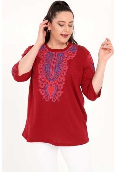 Siyezen Büyük Beden Baskılı Fakir Kol Bluz Bordo
