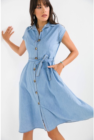 Saygı Giyim Kısa Kollu Kuşaklı Cepli Kot Gömlek Elbise Mavi