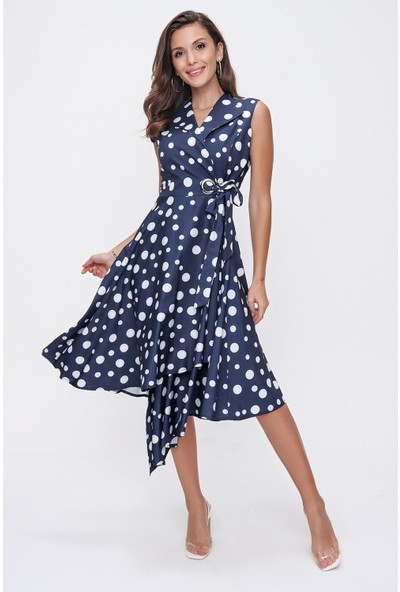 Saygı Giyim Kruvaze Yaka Puatiyeli Bağcıklı Saten Elbise Lacivert