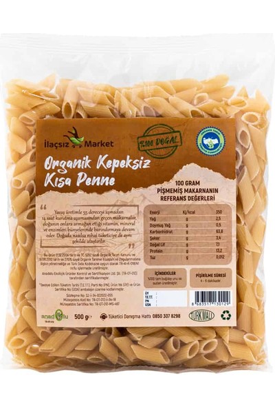 İlaçsız Market Organik Kepeksiz Kısa Penne Makarna / 500 gr