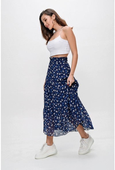 Saygı Giyim Beli Lastikli Astarlı Kırlangıç Desenli Şifon Etek Lacivert Saygı Giyim Beli Lastikli Astarlı Kırlangıç Desenli Şifon Etek Lacivert