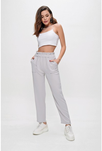 Saygı Giyim Beli Lastikli Atlas Kumaş Cepli Pantolon Gri