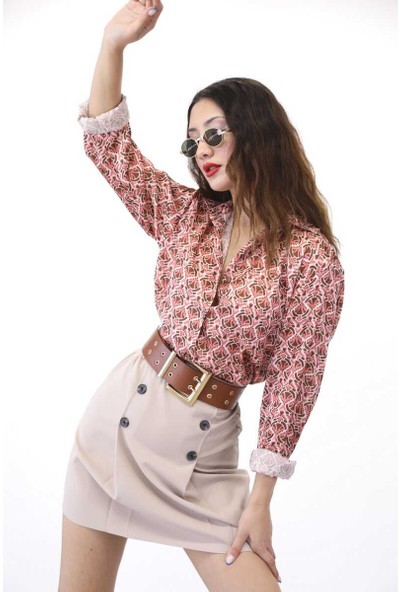 Modaline Cepsiz Etnik Desenli Saten Gömlek