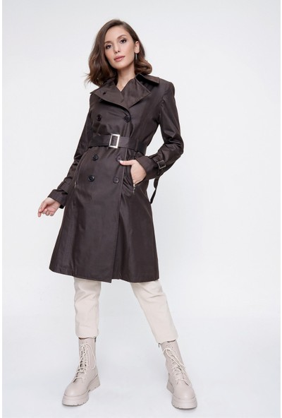 Saygı Giyim Astarlı Beli Kemerli Önü Düğmeli Saten Bondit Trençkot Kahve Saygı Giyim Astarlı Beli Kemerli Önü Düğmeli Saten Bondit Trençkot Kahve