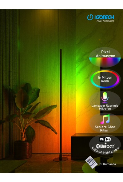 İgotech Pixel Premium Wifi Bluetooth Argb Sese Duyarlı Kumandalı LED Lambader- Siyah 150CM İgotech Pixel Premium Wifi Bluetooth Argb Sese Duyarlı Kumandalı LED Lambader- Siyah 150CM