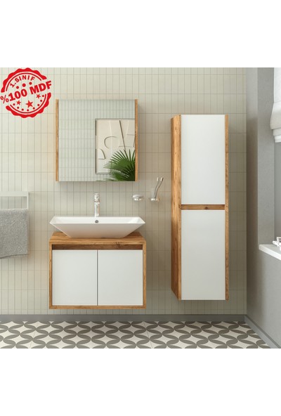 Roomarttm7.3 Lavabolu Ahşap-Mat Beyaz Mdf 65 cm Banyo Dolabı+Aynalı Banyo Üst Dolabı+Banyo Boy Dolabı BANOS1756