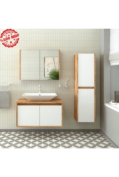 Banos Banyo Roomarttm7.3 Lavabolu Ahşap-Mat Beyaz Mdf 85 cm Banyo Dolabı+Aynalı Banyo Üst Dolabı+Banyo Boy Dolabı BANOS1757
