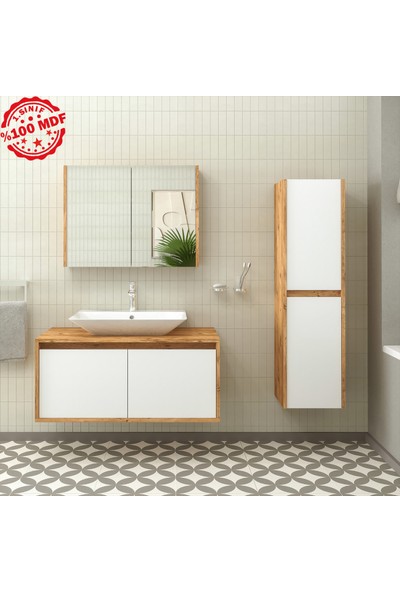 Banos Banyo Roomarttm7.3 Lavabolu Ahşap-Mat Beyaz Mdf 100 cm Banyo Dolabı+Aynalı Banyo Üst Dolabı+Banyo Boy Dolabı BANOS1758