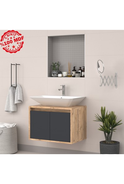 Roomart Ld7 Ayaksız 2 Kapaklı Lavabolu Ahşap-Antrasit Mdf 65 cm Banyo Dolabı BANOS1707 Roomart Ld7 Ayaksız 2 Kapaklı Lavabolu Ahşap-Antrasit Mdf 65 cm Banyo Dolabı BANOS1707