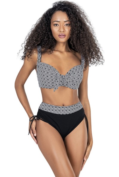 Endeep Kadın Büyük Beden Balenli Siyah Beyaz Desenli Bikini Takımı