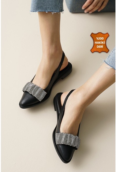 Mio Gusto Aisha Hakiki Deri Siyah Renk Büzgü Taş Bantlı Kadın Babet Günlük Düz Ayakkabı