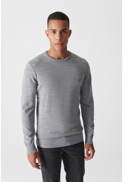 Avva Erkek Gri Bisiklet Yaka Düz Kazak E005000