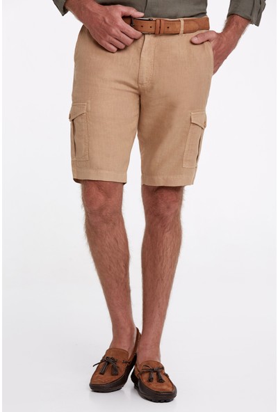 Saf Keten Kum Rengi Kargo Şort