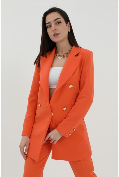 VprModa Omuzları Vatkalı Önü Çıtçıtlı Atlas Kumaş Kadın Blazer Ceket - Turuncu VprModa Omuzları Vatkalı Önü Çıtçıtlı Atlas Kumaş Kadın Blazer Ceket - Turuncu