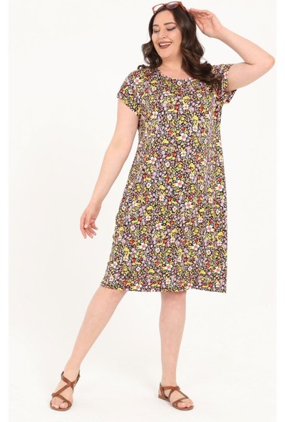 Büyük Beden Çiçek Desenli Elbise Sarı