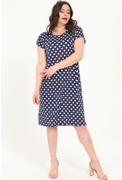 Siyezen Büyük Beden Desenli Elbise Lacivert Puantiye