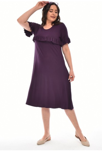 Siyezen Büyük Beden Fırfır Kol Elbise Mor