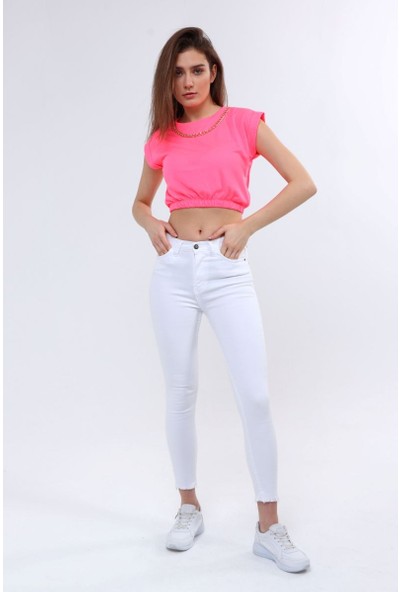 Kadın Yüksel Bel Paçası Püsküllü Jean Kot Pantolon Beyaz