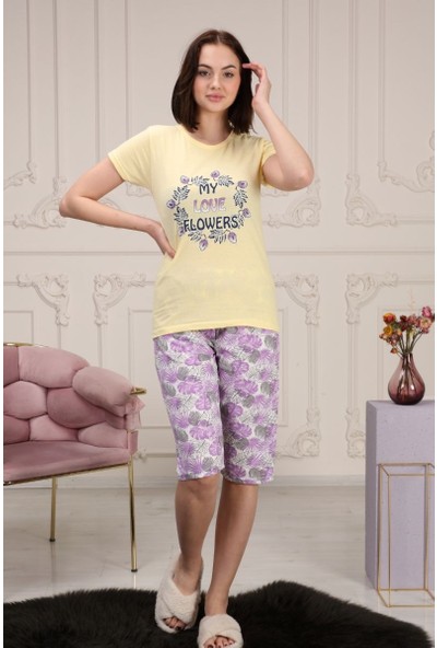 Siyezen Kadın Çiçek Baskılı Kapri Şortlu Pijama Takımı Sarı