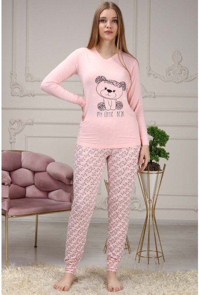 Kadın Ayıcık Baskılı Pijama Takımı Pembe