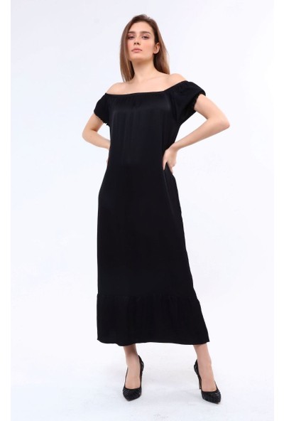 Kadın Omzu Düşük Fırfırlı Elbise Siyah