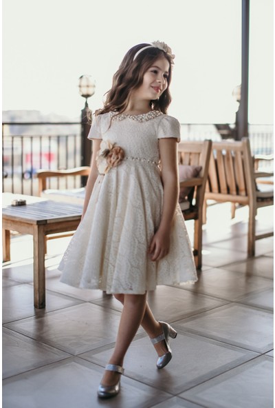 Mialora Couture Ekru, Inci Yaka Detaylı, Kız Çocuk Abiye Elbise, Kız Çocuk Doğum Günü Elbisesi, Kız Parti Elbisesi,