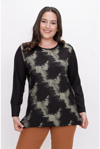 Saygı Giyim Önü Taş Detaylı Desenli Uzun Kollu Büyük Beden Likralı Viskon Bluz Siyah Saygı Giyim Önü Taş Detaylı Desenli Uzun Kollu Büyük Beden Likralı Viskon Bluz Siyah