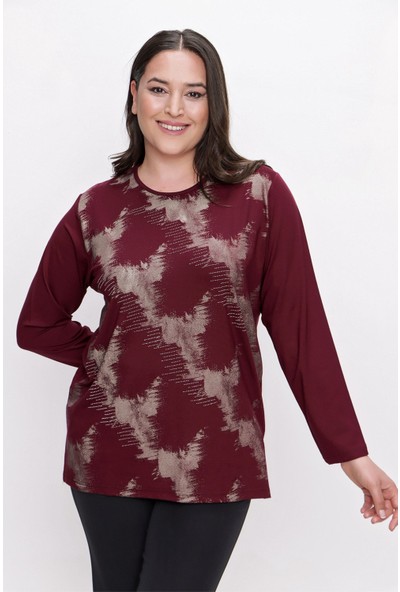 Saygı Giyim Önü Taş Detaylı Desenli Uzun Kollu Büyük Beden Likralı Viskon Bluz Bordo Saygı Giyim Önü Taş Detaylı Desenli Uzun Kollu Büyük Beden Likralı Viskon Bluz Bordo