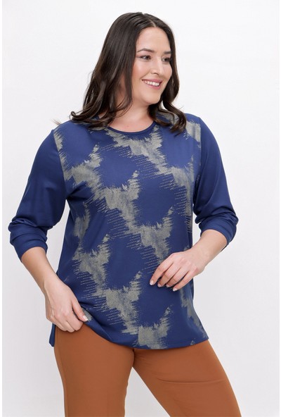 Saygı Giyim Önü Taş Detaylı Desenli Uzun Kollu Büyük Beden Likralı Viskon Bluz Indigo