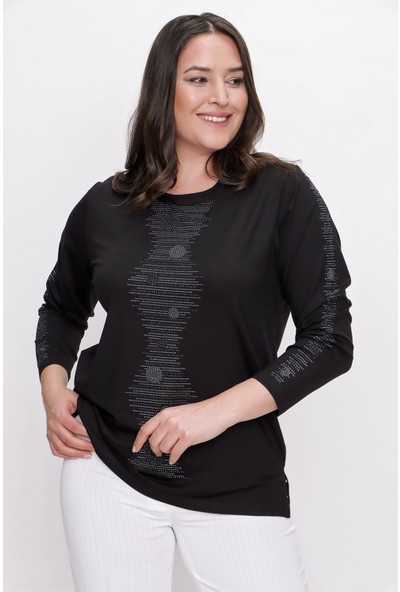 Saygı Giyim Önü ve Kolları Taş Detaylı Uzun Kollu Büyük Beden Likralı Viskon Bluz Siyah Saygı Giyim Önü ve Kolları Taş Detaylı Uzun Kollu Büyük Beden Likralı Viskon Bluz Siyah