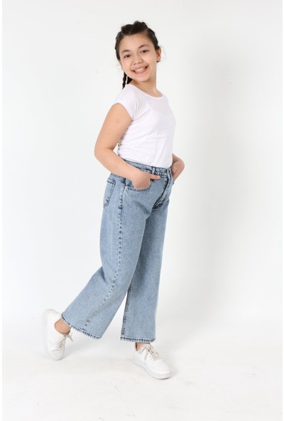 Kız Çocuk Bol Kesim Jean Kumaş Bol Paça Kot Pantolon