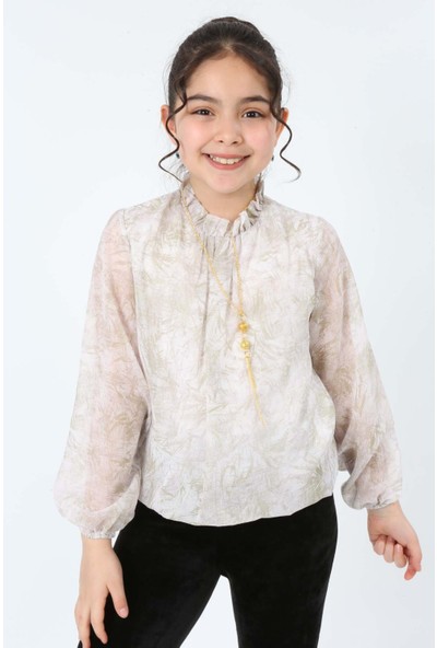 Kız Çocuk Şifon Kumaş Astarlı Uzun Kol Bel Lastikli Bluz Gömlek