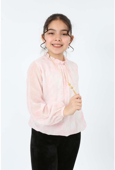 Kız Çocuk Şifon Kumaş Astarlı Uzun Kol Bel Lastikli Bluz Gömlek