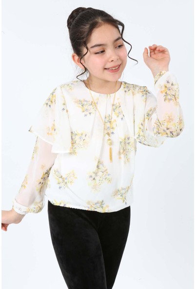 Kız Çocuk Şifon Kumaş Astarlı Uzun Kol Bel Lastikli Bluz Gömlek