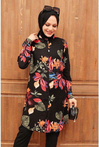Neva Style - Desenli Siyah Tesettür Tunik 11545S