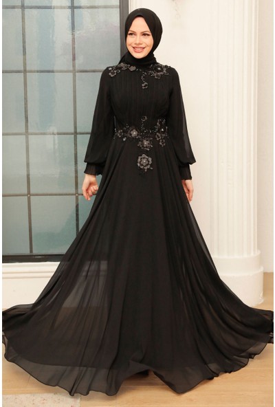 Neva Style Tesettürlü Abiye Elbise - Çiçek Detaylı Siyah Tesettür Abiye Elbise 765S Neva Style Tesettürlü Abiye Elbise - Çiçek Detaylı Siyah Tesettür Abiye Elbise 765S