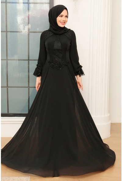 Tesettürlü Abiye Elbise - Boncuk Işlemeli Siyah Tesettür Abiye Elbise 753S Tesettürlü Abiye Elbise - Boncuk Işlemeli Siyah Tesettür Abiye Elbise 753S