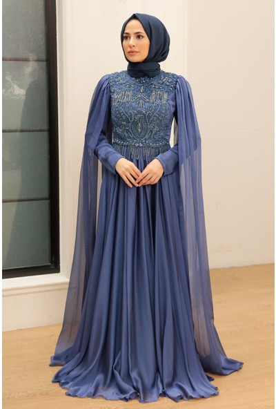 Neva Style Tesettürlü Abiye Elbise - Pelerinli Indigo Mavisi Tesettür Abiye Elbise 22162IM