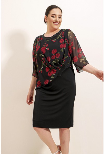 Saygı Giyim Üstü Şifon Gül Desen Astarlı Büyük Beden Likralı Elbise Siyah-Kırmızı Saygı Giyim Üstü Şifon Gül Desen Astarlı Büyük Beden Likralı Elbise Siyah-Kırmızı