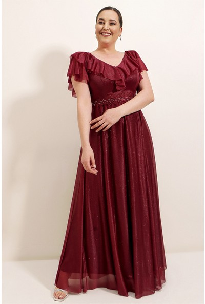Saygı Giyim V Yaka Kolları Fırfırlı Beli Şeritli Simli Astarlı Buyuk Beden Abiye Elbise Bordo Saygı Giyim V Yaka Kolları Fırfırlı Beli Şeritli Simli Astarlı Buyuk Beden Abiye Elbise Bordo