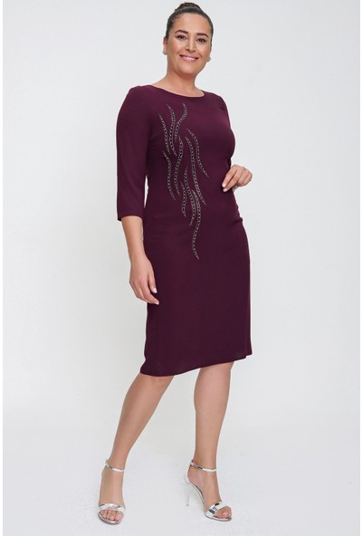 Saygı Giyim Önü Incili Astarlı Büyük Beden Elbise Mürdüm