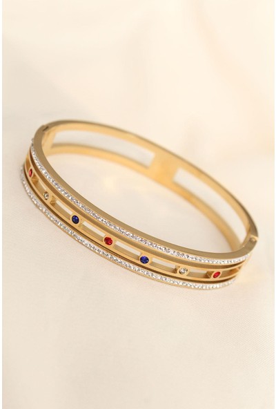 Çelik Renkli Zirkon Taşlı Detaylı Kelepçe Bilezik