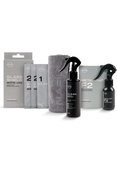 Nasiol Oto Koruma Seti - Metalcoat F2 - Clean 150 ml - Glasshield Wipe-On - Mikrofiber Bez Nasiol Oto Koruma Seti - Metalcoat F2 - Clean 150 ml - Glasshield Wipe-On - Mikrofiber Bez