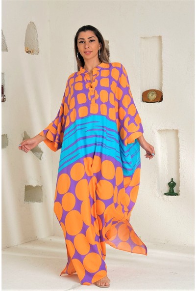 Keyifli Moda Kadın Turuncu Mor Desenli Hakim Yaka Yarasa Kol Oversize Uzun Elbise Keyifli Moda Kadın Turuncu Mor Desenli Hakim Yaka Yarasa Kol Oversize Uzun Elbise
