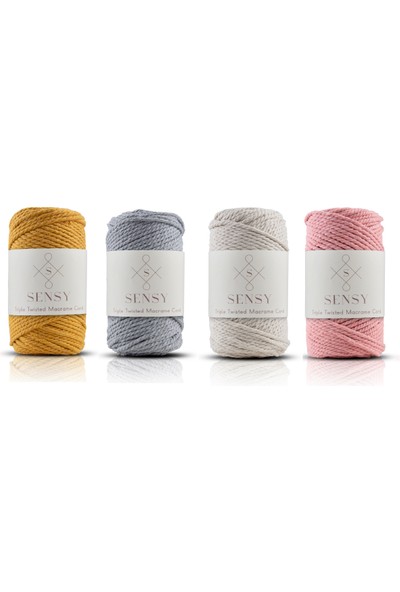 Sensy Premium 3 Büküm Makrome Ipi 3mm Üç Büküm Taranan Makrome Halat Ip 4lü Set Hardal-Açık Gri-Ekru-Somon Sensy Premium 3 Büküm Makrome Ipi 3mm Üç Büküm Taranan Makrome Halat Ip 4lü Set Hardal-Açık Gri-Ekru-Somon