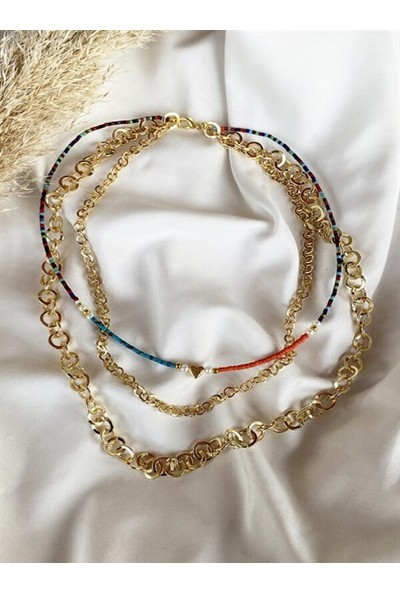 Çocukla Anne Altın Renk Boncuk Detaylı Çoklu Zincir Kolye