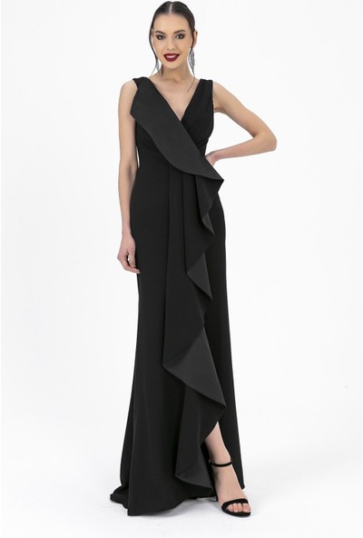 Saygı Giyim Krep Derin Yırtmaçlı Abiye Siyah Saygı Giyim Krep Derin Yırtmaçlı Abiye Siyah
