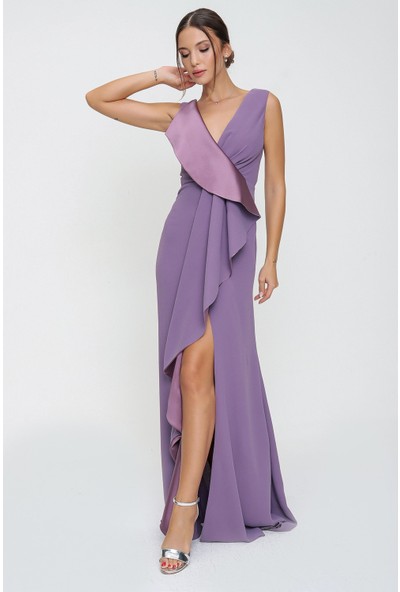 Saygı Giyim Krep Derin Yırtmaçlı Abiye Lila Saygı Giyim Krep Derin Yırtmaçlı Abiye Lila