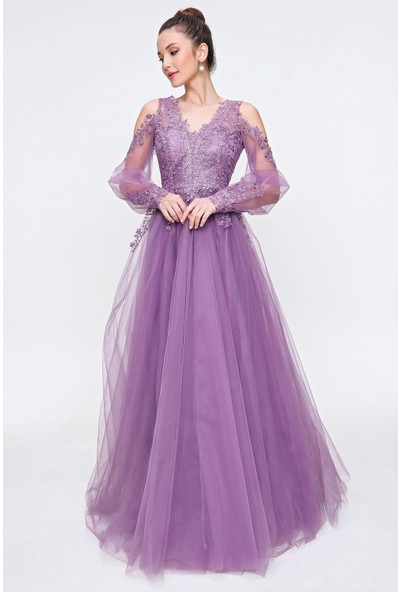 Saygı Giyim Omuz Açık Kolu Tül Dantelli Abiye Lila