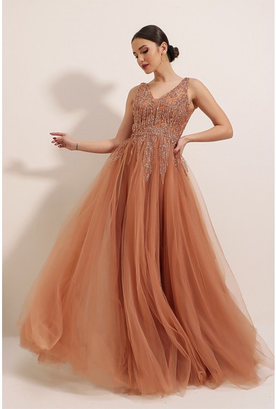 Saygı Giyim Payetli Kontrast Tül Abiye Tarçın